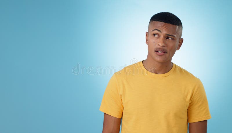 Thinking, Confused or Problem Solving and a Man on a Blue Background in ...
