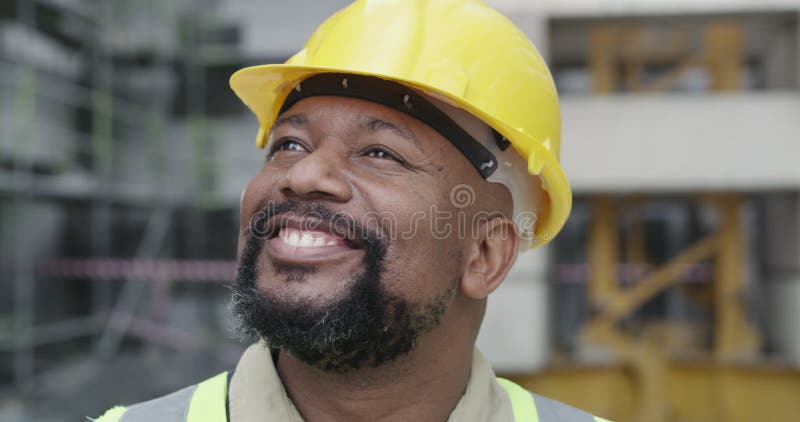 Thinking, Construction or Happy Black Man with Vision or Ideas for ...