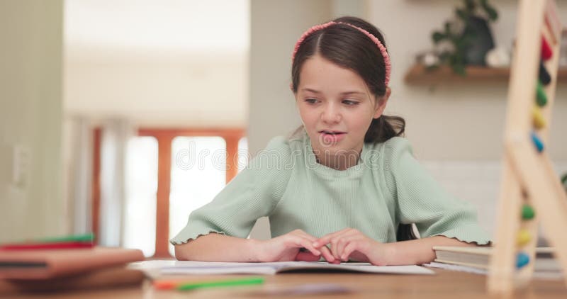 Thinking, Counting and Child with Math Homework at a Home Table for ...