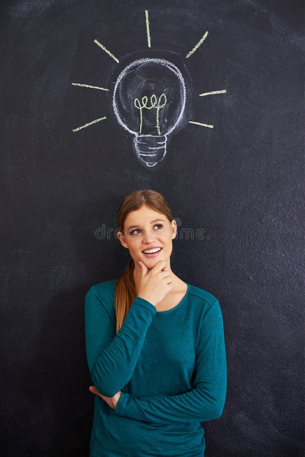 Thinking, Creative and Woman with Light Bulb on Chalkboard for ... Thinking, Creative and Woman with Light Bulb on Chalkboard for ...