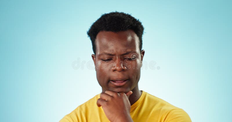 Thinking, Doubt and Face of Black Man Confused in Studio with Why ...