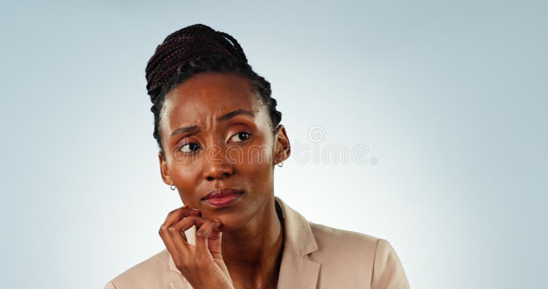 Thinking, Doubt and Face of Black Woman in Studio with Idea, Question ...