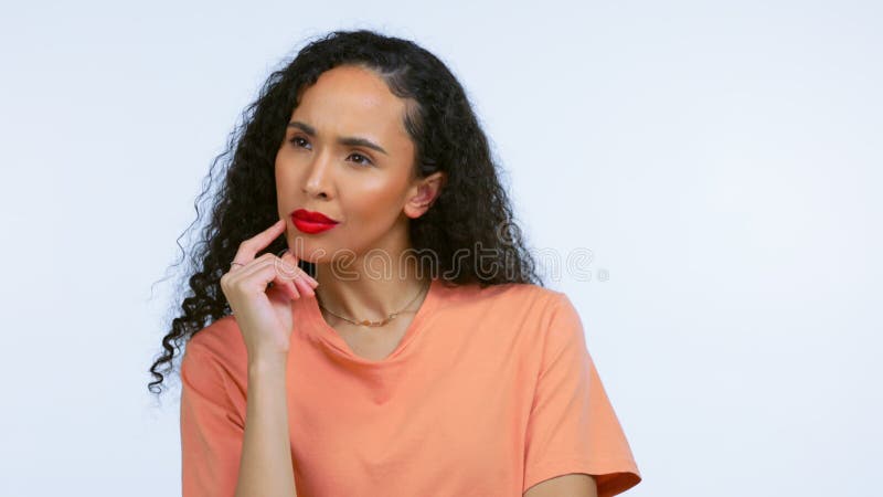 Thinking, Doubt and Woman Face in Studio To Question Ideas, Mindset and ...