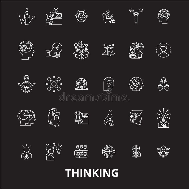Thinking Editable Line Icons Vector Set on Black Background. Thinking ...