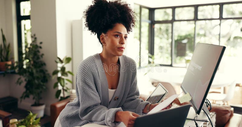 Thinking, Employee and Woman with Documents, Home and Planning for ...