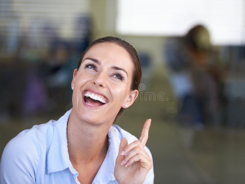 Thinking, Face and Happy Woman with Business Idea, Hand Gesture and ...