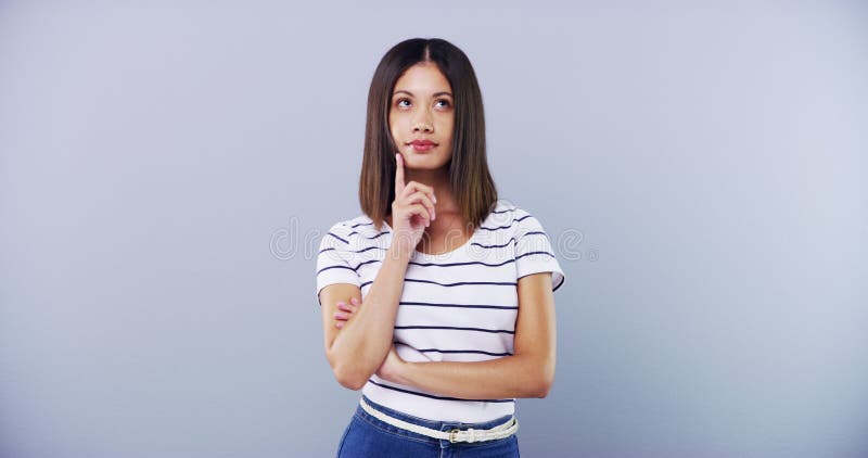 Thinking, Face and Happy Woman with Idea in Studio for Solution, Plan ...