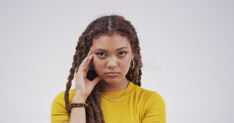 Thinking, Face and Studio Woman Doubt, Uncertain Confused with Project ...