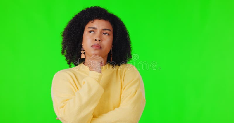 Thinking, Face and Woman on Studio Green Screen with Question, Idea or ...