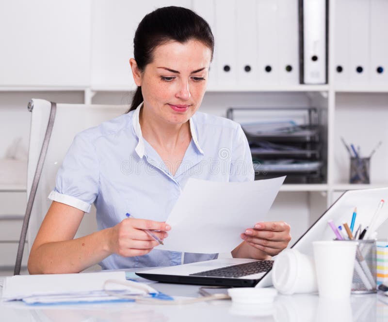 Thinking Female in Office Sitting at the Table Stock Photo - Image of ...