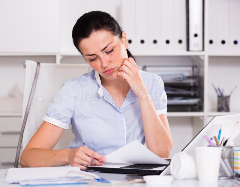 Thinking Female in Office Sitting at the Table Stock Image - Image of ...
