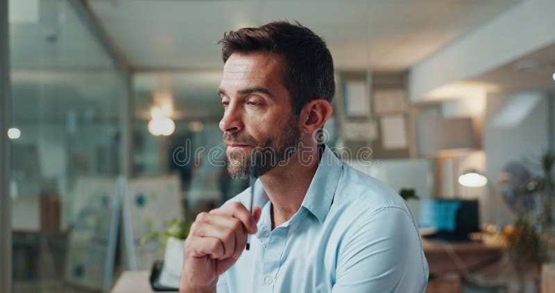 Thinking, Future and Idea with Business Man in Office for Reflection, Economist and Auditor ...