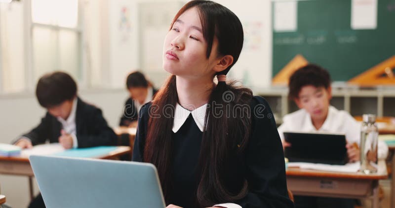 Thinking, Girl and Laptop in Class for Education, Learning and Maths ...
