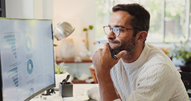 Thinking, Graphs and Man on Computer in Home for Review of Growth for Report, Charts or Data ...