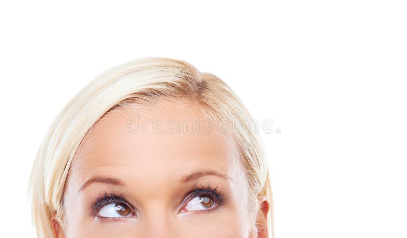 Thinking, Half Face and Woman in Studio for Brainstorming Isolated on a ...