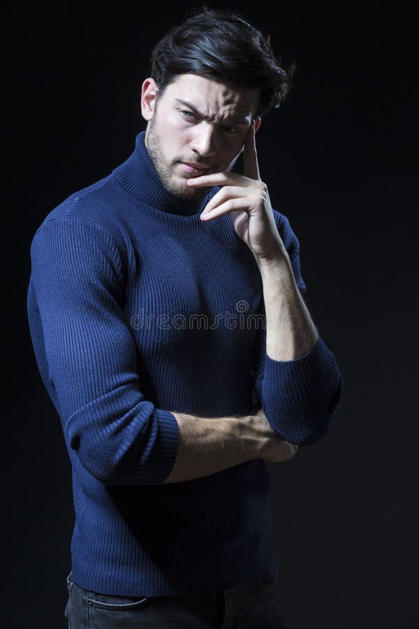 Thinking Handsome Brunet Man Posing in Blue Turtle Neck Sweater with ...