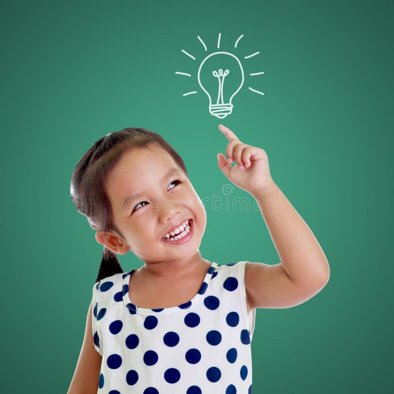 Thinking Happy Kid with Idea Bulb Stock Photo - Image of decision ...