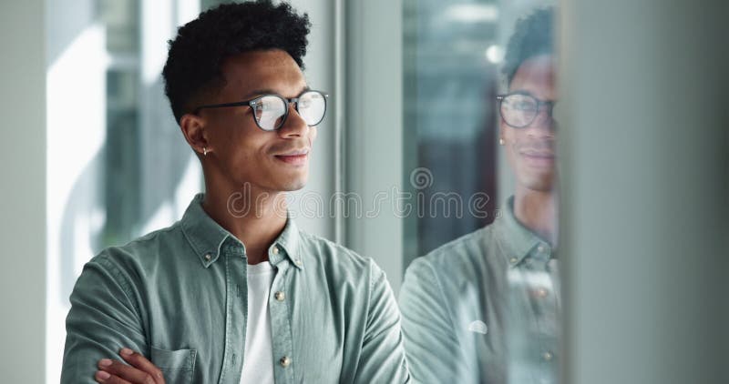 Thinking, Happy and Window with Business Man in Office for Problem ...