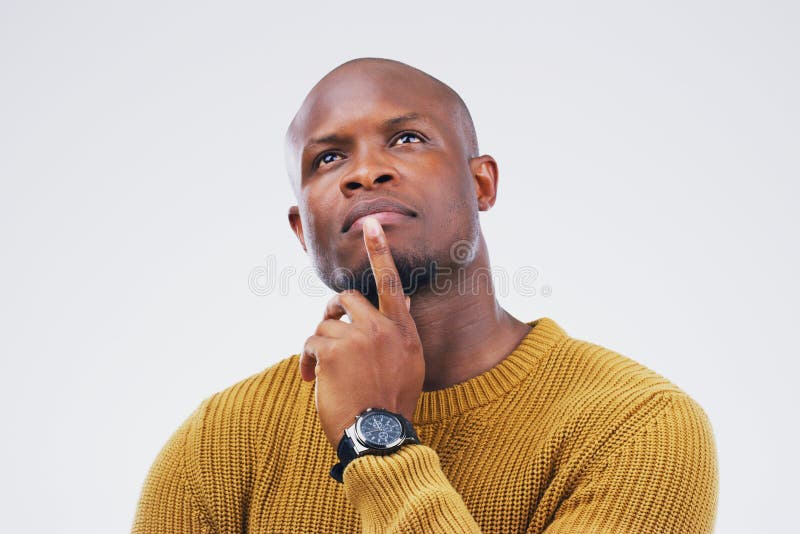 Thinking, Idea and a Black Man with Focus for a Decision Isolated on a ...