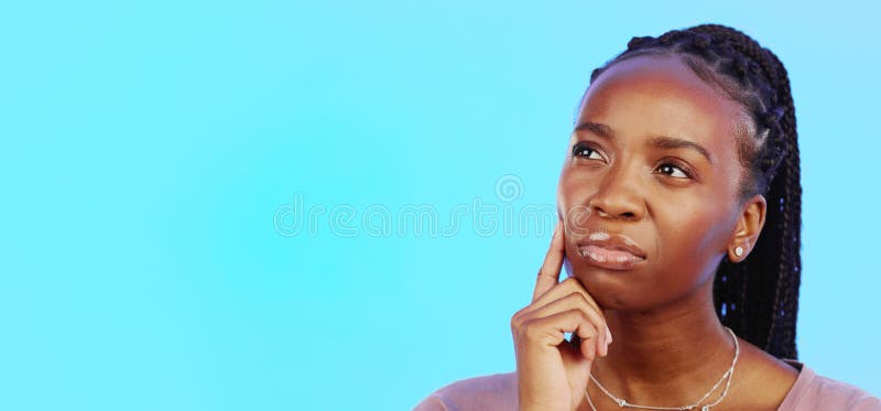 Thinking, Idea and Black Woman in Doubt with Mockup and Confusion ...