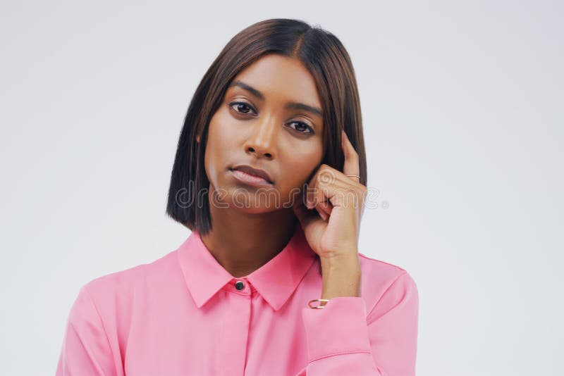 Thinking, Idea and Portrait of Indian Woman with Doubt in Studio for ...