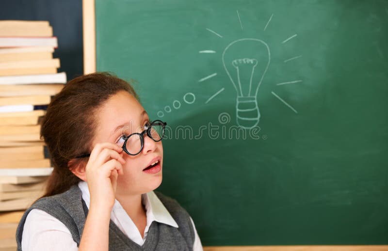 Thinking, Idea and Student with Light Bulb on Board for Planning ...