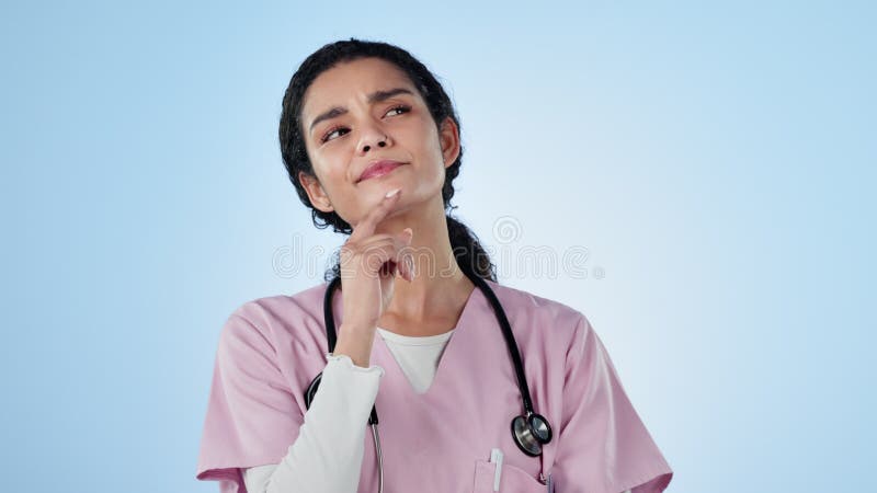 Thinking, Idea and Woman Nurse in a Studio with Reflection, Question or ...