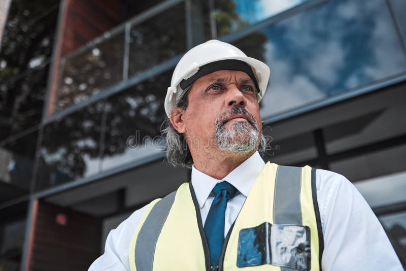 Thinking, Engineering and Man at Construction Site with Tablet for ...