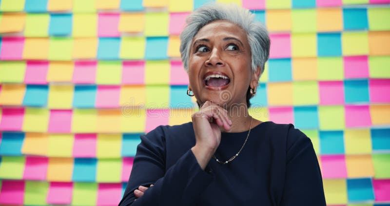 Thinking, Ideas and Happy Woman with Sticky Note Wall for Business Plan ...