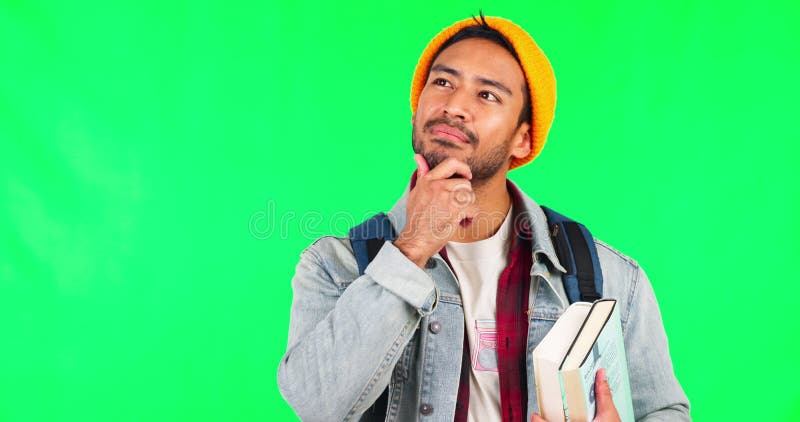 Thinking, Ideas and Student or Man on Green Screen for University ...