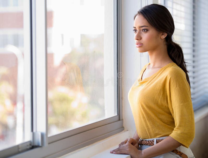 Thinking, Ideas and Woman by Window in Office with Memory, Reflection ...