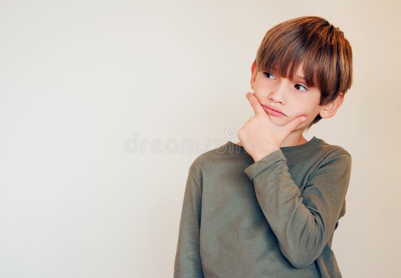 Thinking, Kid and Boy with Ideas on Wall Mockup for Question, Curiosity ...