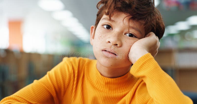Thinking, Kid and Student Portrait in Library for Planning, Ideas and ...