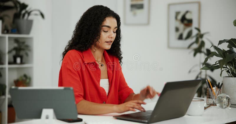 Thinking, Laptop and Freelancer or Woman in Home Office for Visual ...