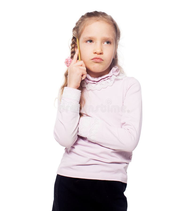 Thinking little girl stock photo. Image of pencil, people - 43366448