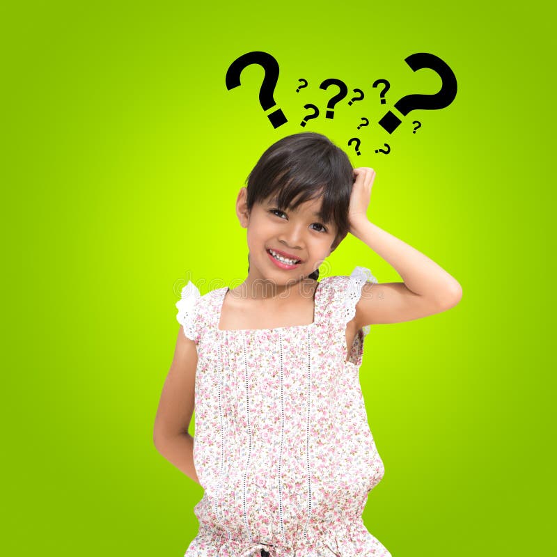 Thinking Little Girl with Bubble and Question Mark Over Head Stock ...
