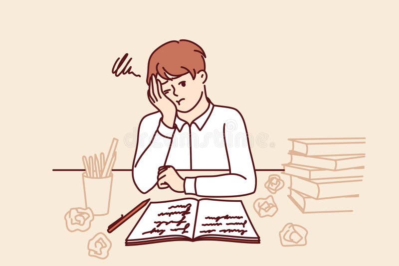 Thinking Little Schoolboy Does Homework Sitting at Table with Books and ...