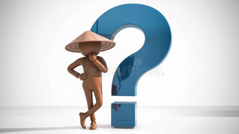Thinking Man with Asian Hat and Blue Question Mark with Copy-Space ...