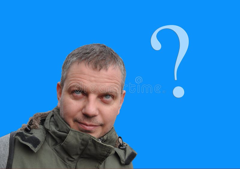 Thinking Man on a Blue Background with a Question Mark Stock Image ...