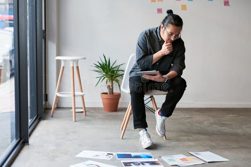 Thinking, Man and Graphic Designer on Tablet with Documents for ...