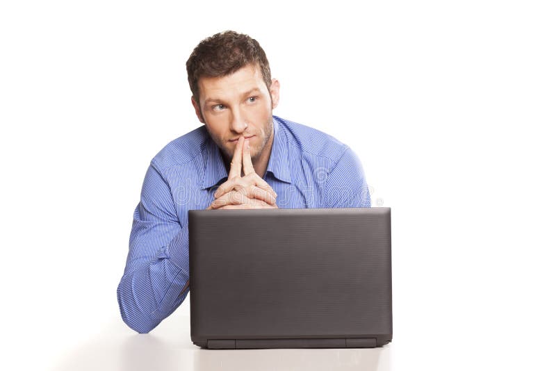 Thinking man and laptop stock photo. Image of color, foreground - 29260998