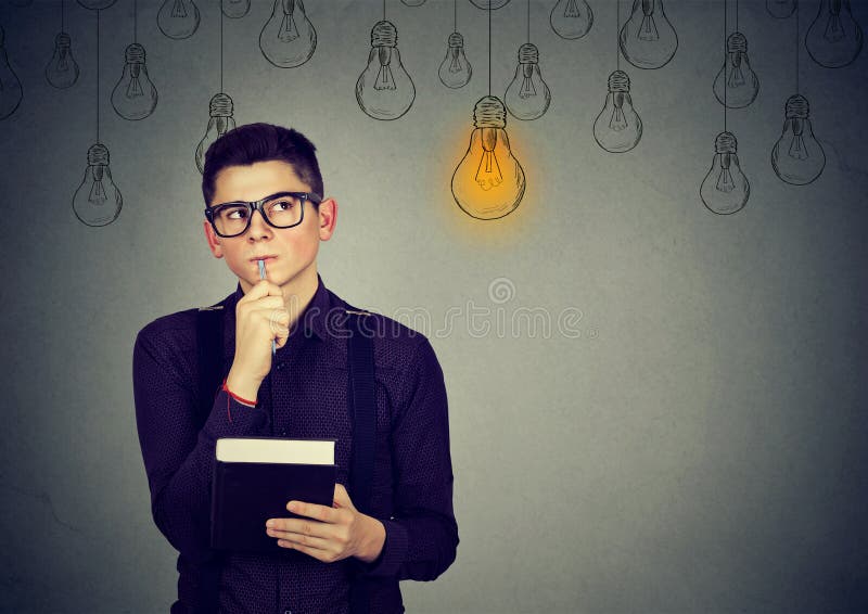 Thinking Man Looking Up with Light Idea Bulb Above Head Stock Photo ...