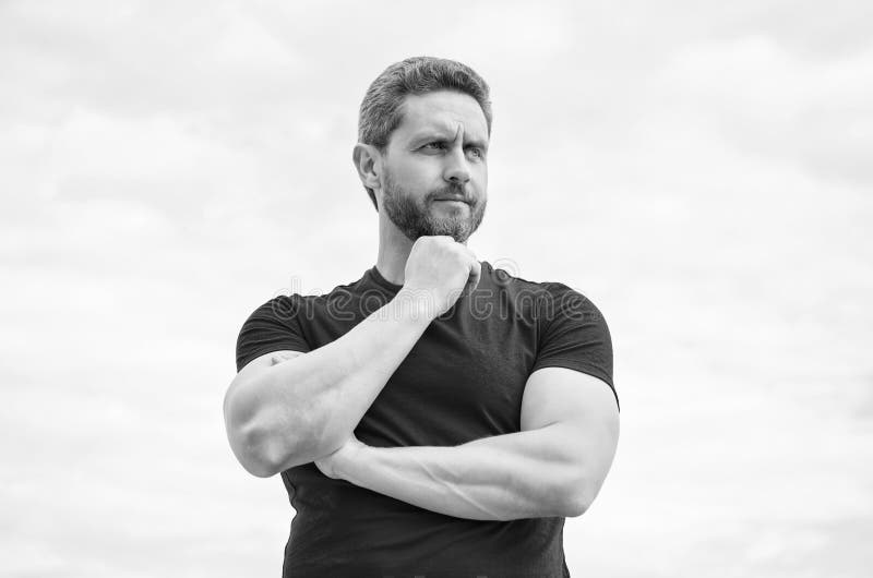 Thinking Man in Red Shirt Outdoor on Sky Background Stock Photo - Image ...