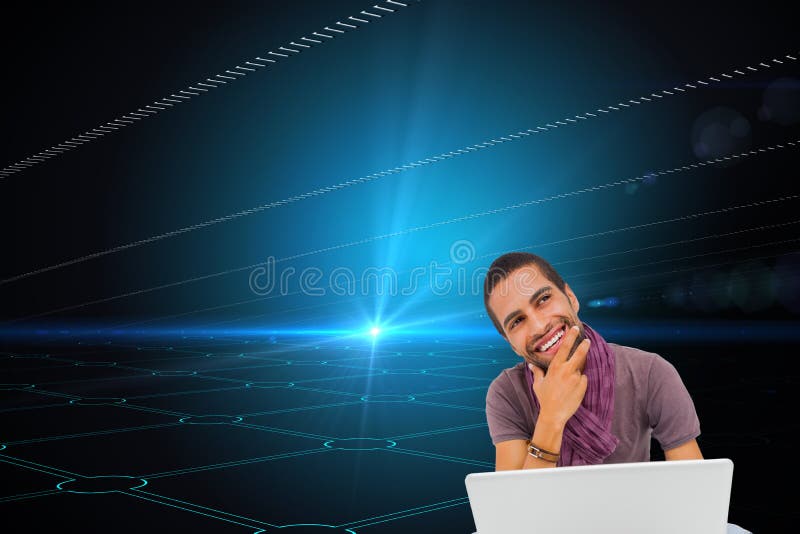 Thinking Man Sitting on Floor Using Laptop and Smiling Stock Image ...