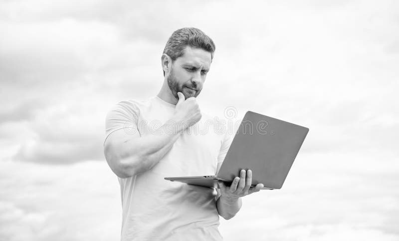 Thinking Man Working Online Laptop Sky Background Stock Photos - Free ...
