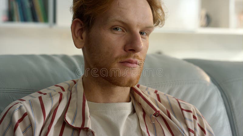 Thinking Manager Posing Home Closeup. Pensive Ginger Guy Resting after ...