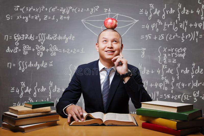 Thinking Miling Student with Apple on Head Preparing To Test. Stock ...