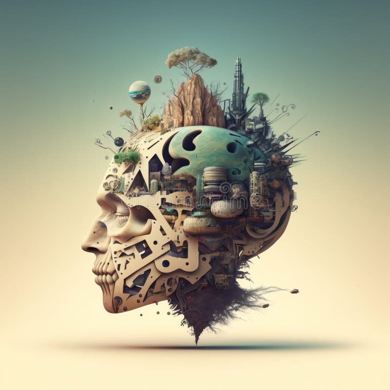 A Thinking Mind with a Collage of Different Thoughts Stock Illustration ...