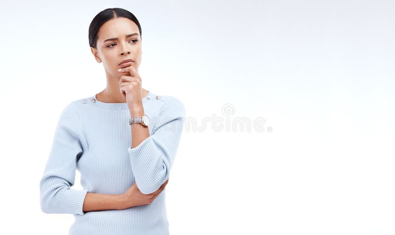 Thinking, Mockup and a Woman with a Difficult Decision on a White ...