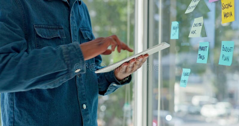 Thinking, Moodboard and Black Man with Tablet Brainstorming Idea for ...